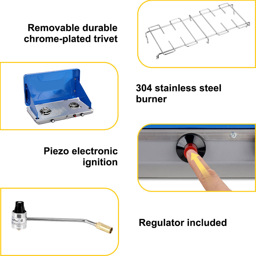 CAMPLUX Portable Camping Stove 2 Burner Gas Propane BBQ Windproof Cook